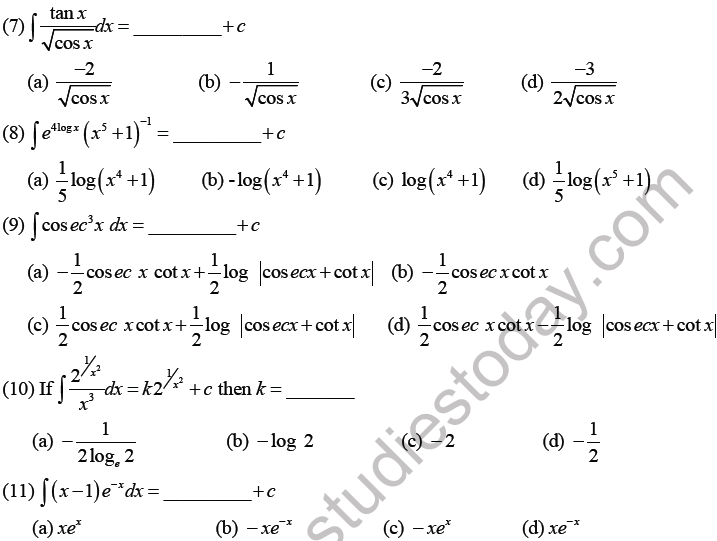 JEE Mathematics Indefinite Integrals MCQs Set C with Answers